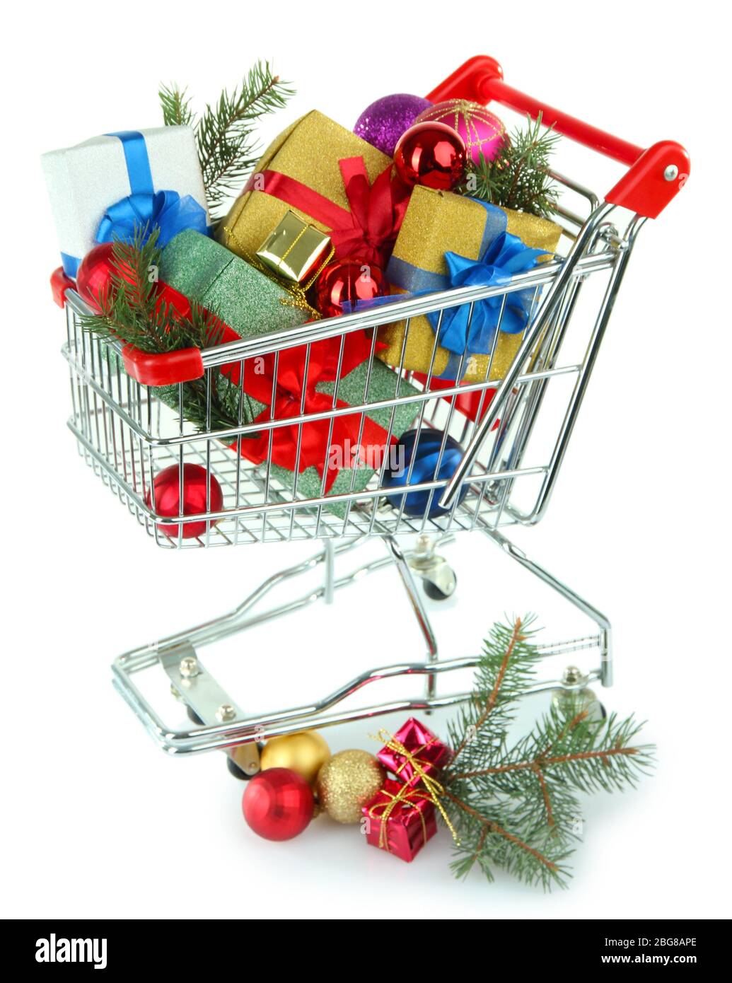 Christmas gifts in shopping trolley, isolated on white Stock Photo - Alamy