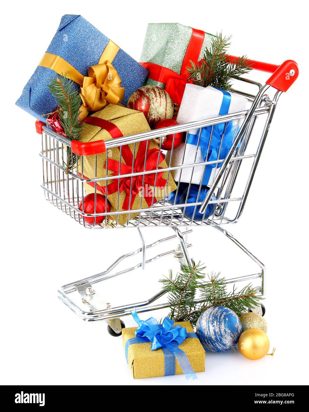 Christmas gifts in shopping trolley, isolated on white Stock Photo - Alamy