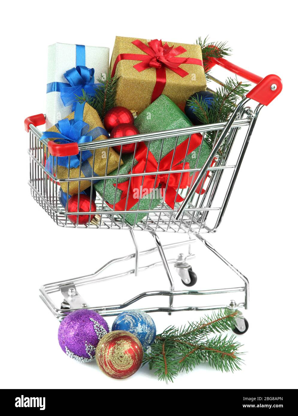 Christmas gifts in shopping trolley, isolated on white Stock Photo - Alamy