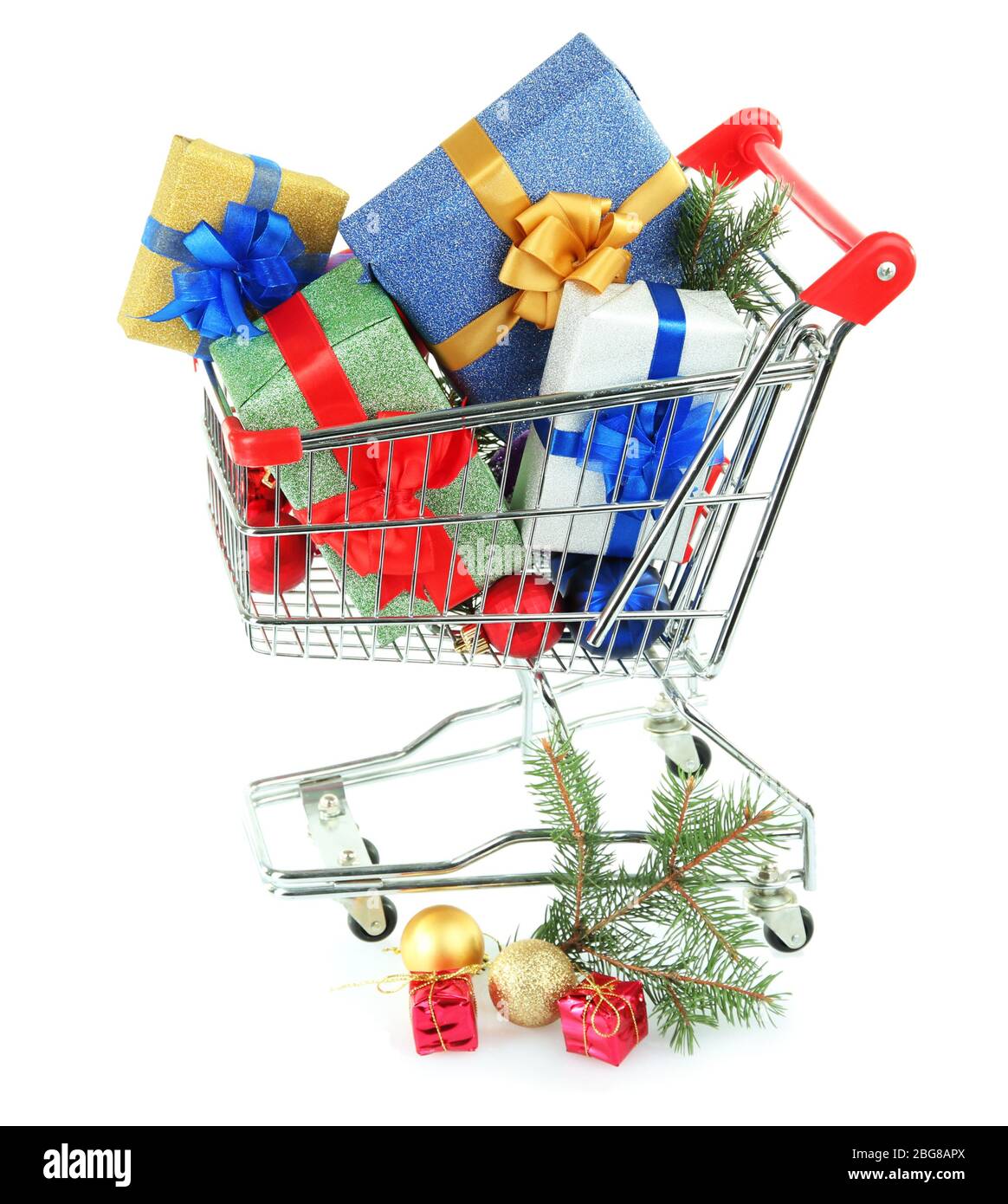 Christmas gifts in shopping trolley, isolated on white Stock Photo - Alamy