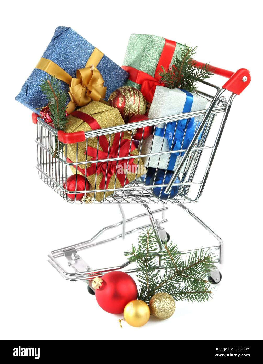 Christmas gifts in shopping trolley, isolated on white Stock Photo - Alamy