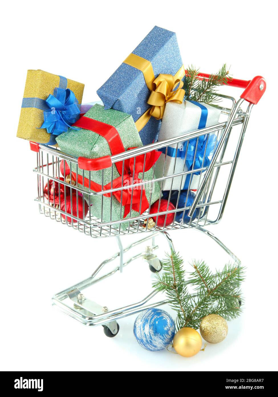 Christmas gifts in shopping trolley, isolated on white Stock Photo - Alamy