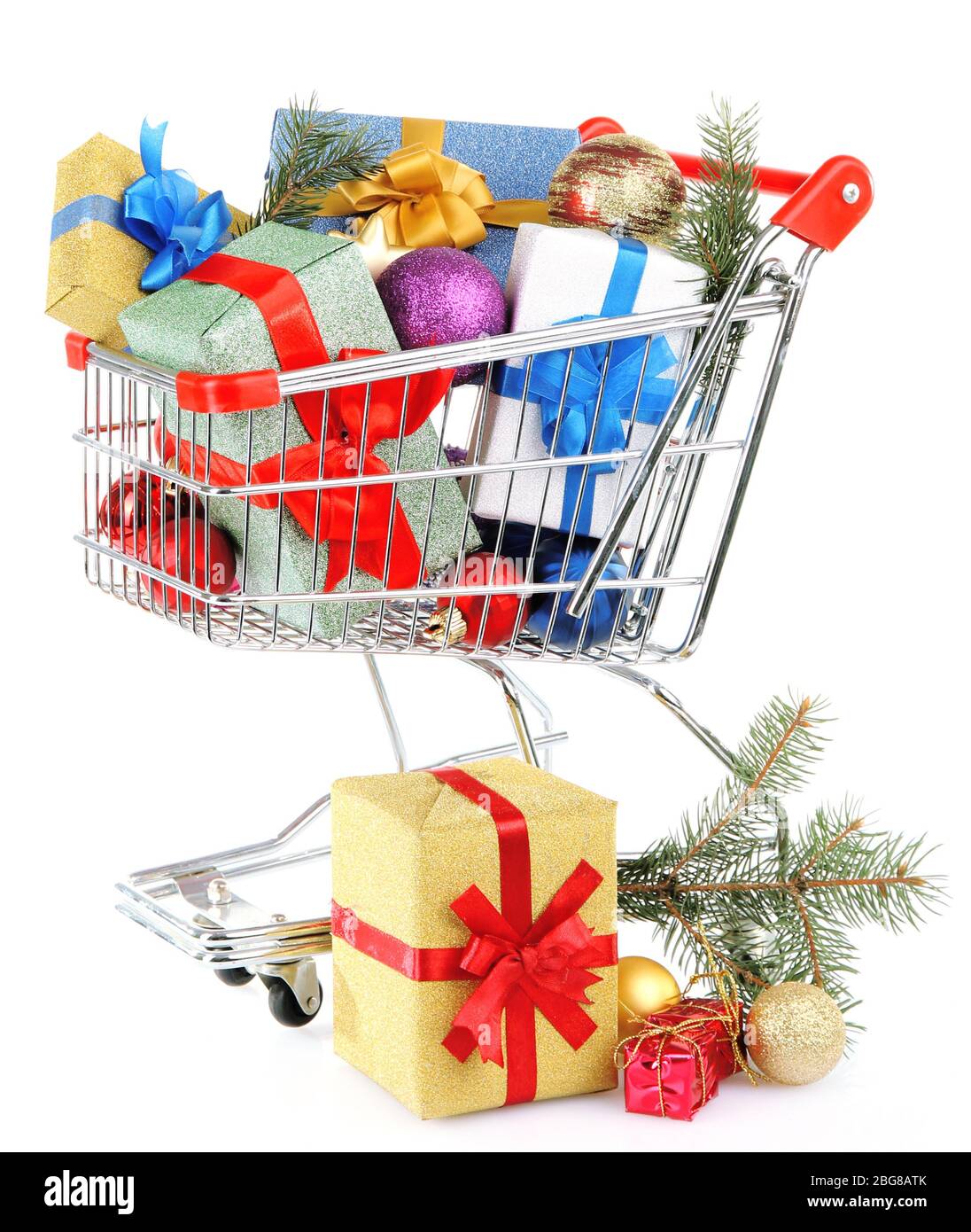 Christmas gifts in shopping trolley, isolated on white Stock Photo - Alamy