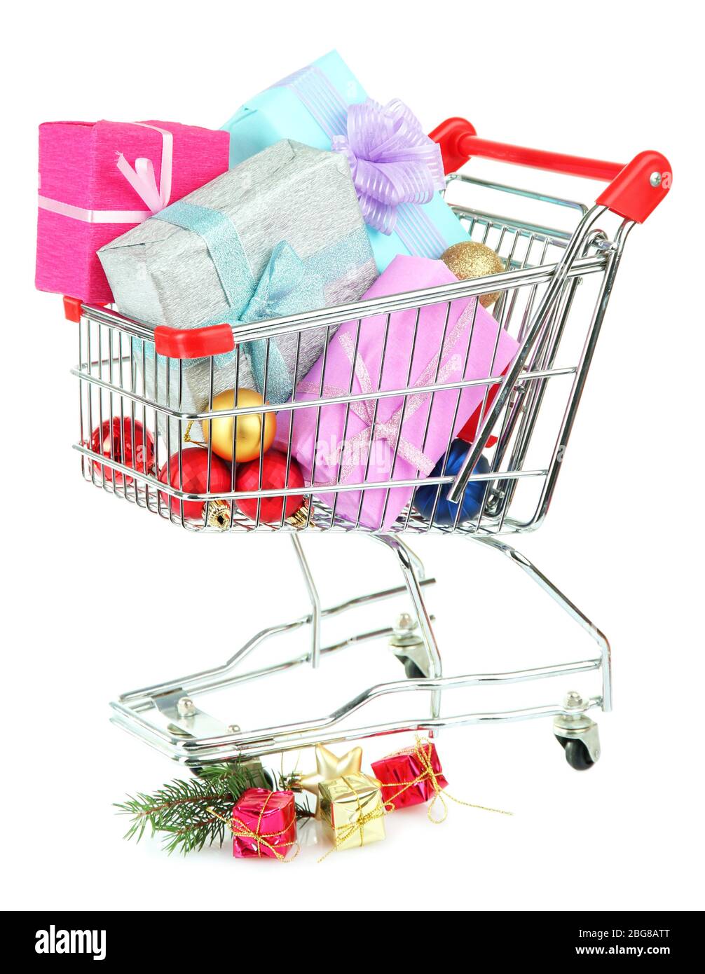 Christmas gifts in shopping trolley, isolated on white Stock Photo - Alamy
