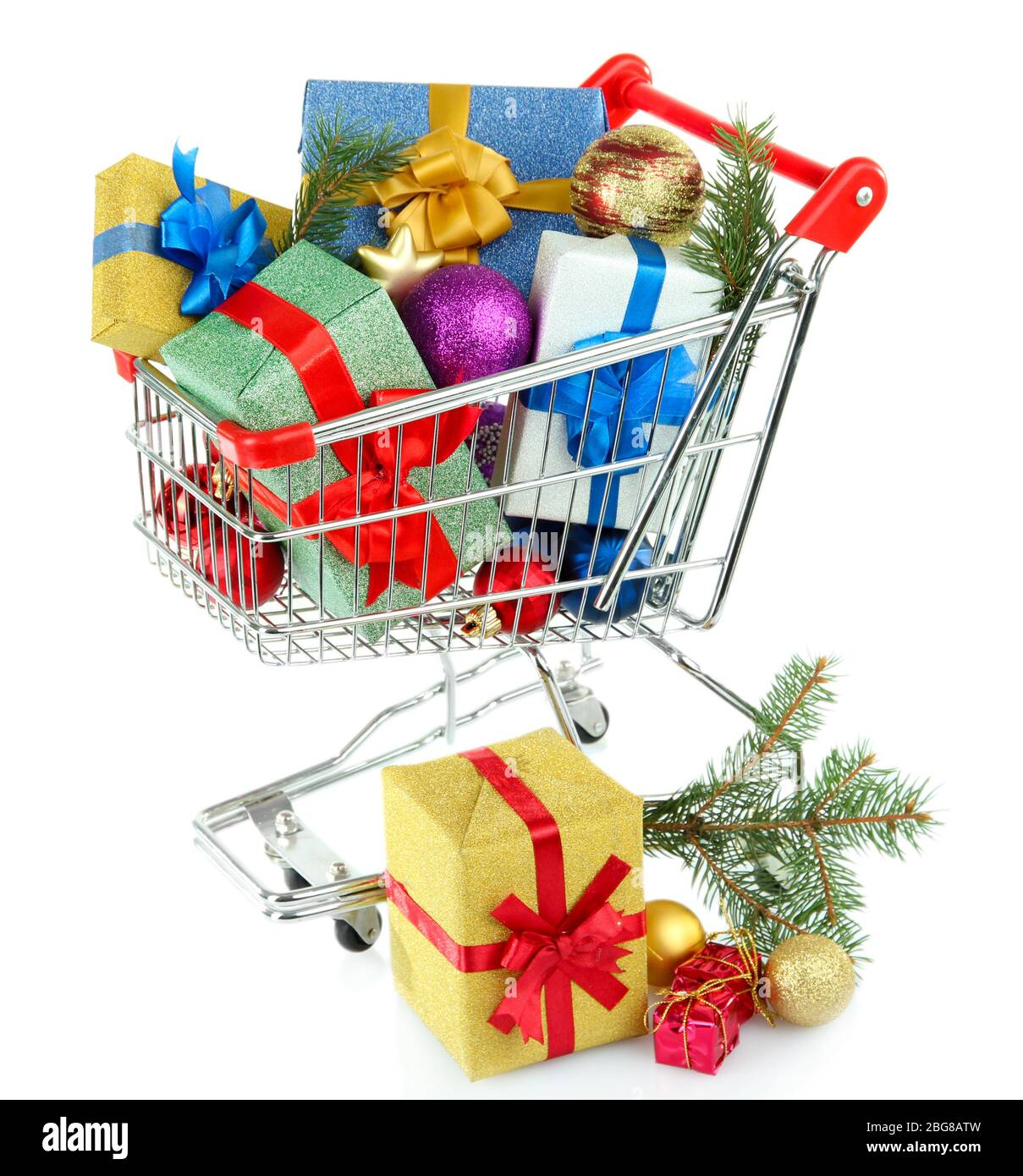 Christmas gifts in shopping trolley, isolated on white Stock Photo - Alamy