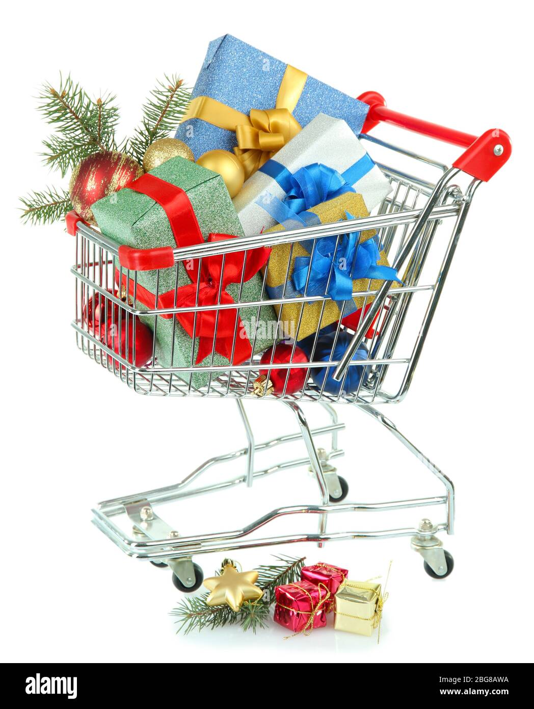 Christmas gifts in shopping trolley, isolated on white Stock Photo - Alamy