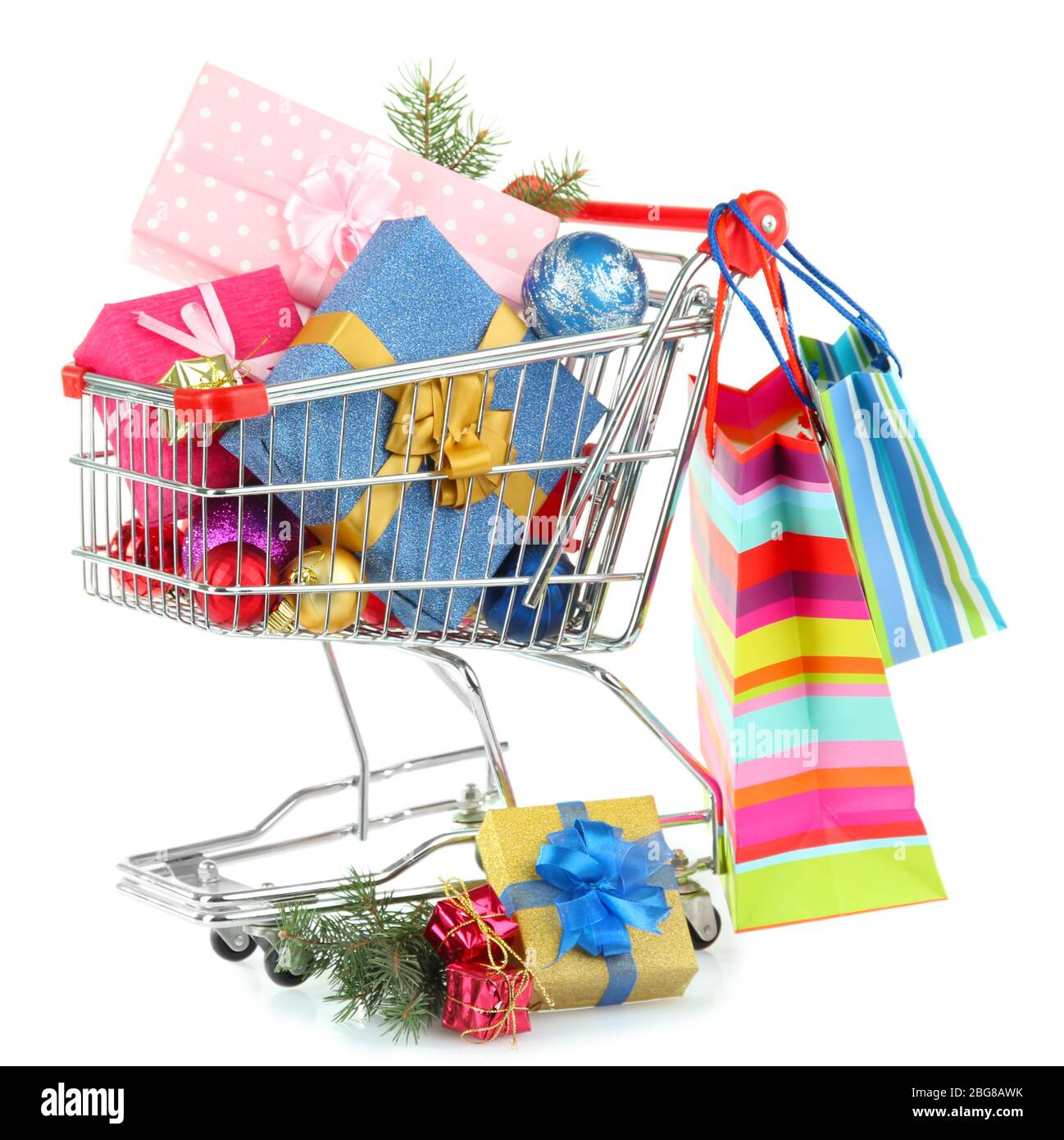 Christmas gifts in shopping trolley, isolated on white Stock Photo - Alamy