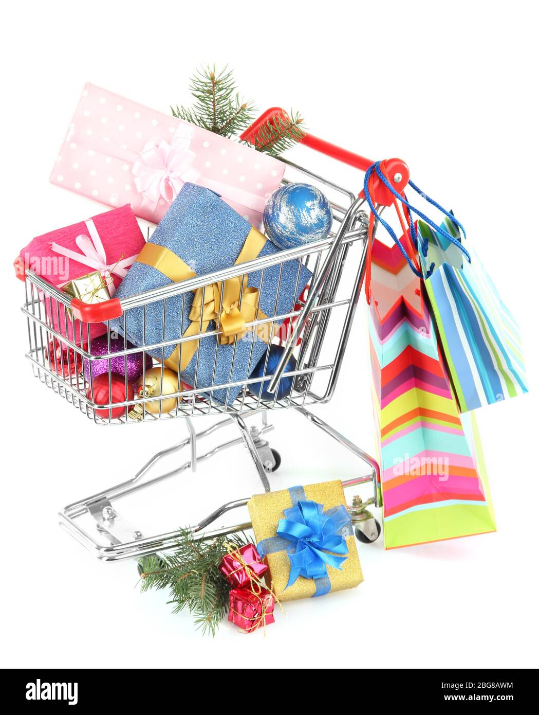 Christmas gifts in shopping trolley, isolated on white Stock Photo - Alamy