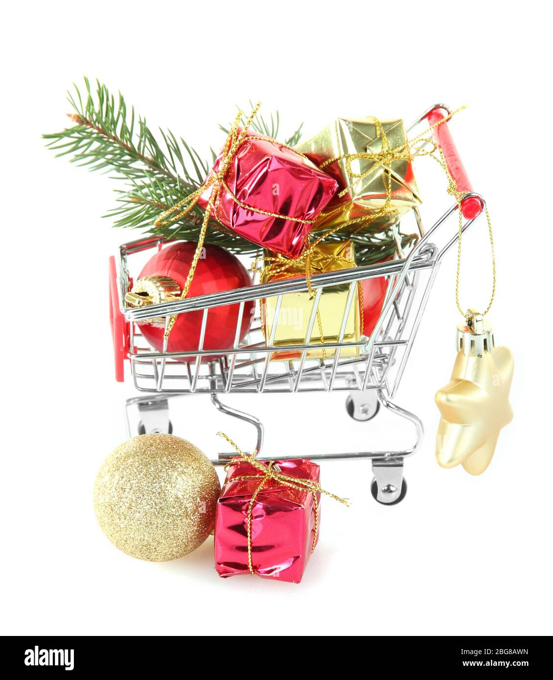 Christmas gifts in shopping trolley, isolated on white Stock Photo - Alamy