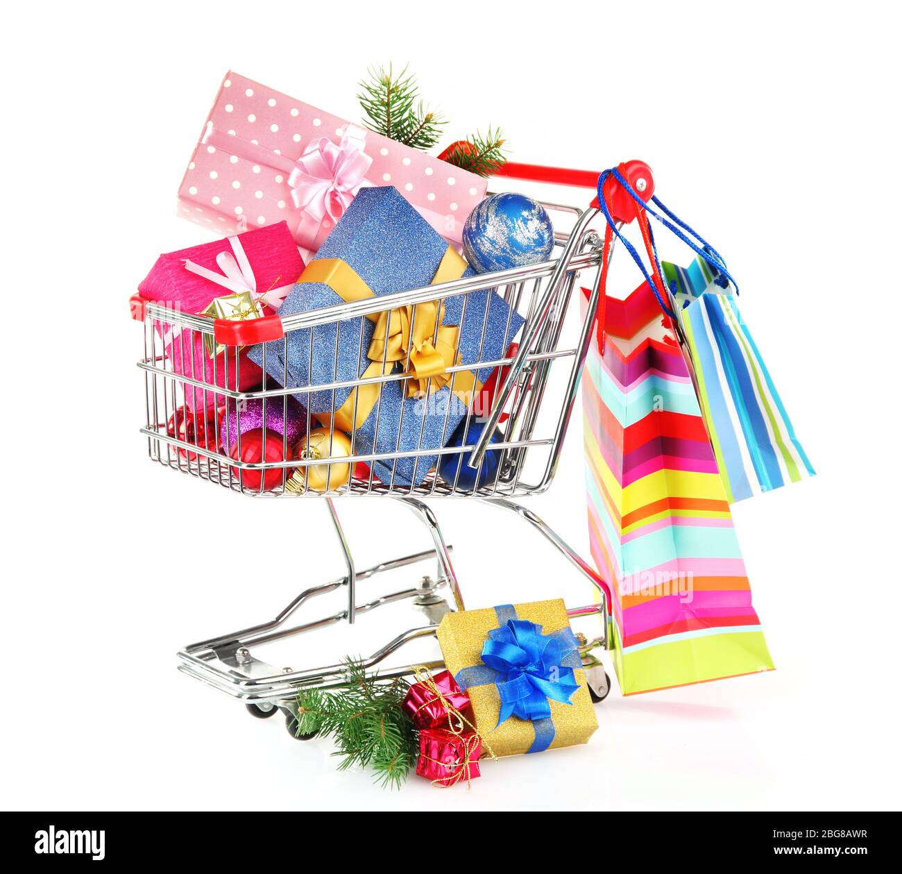 Christmas gifts in shopping trolley, isolated on white Stock Photo - Alamy