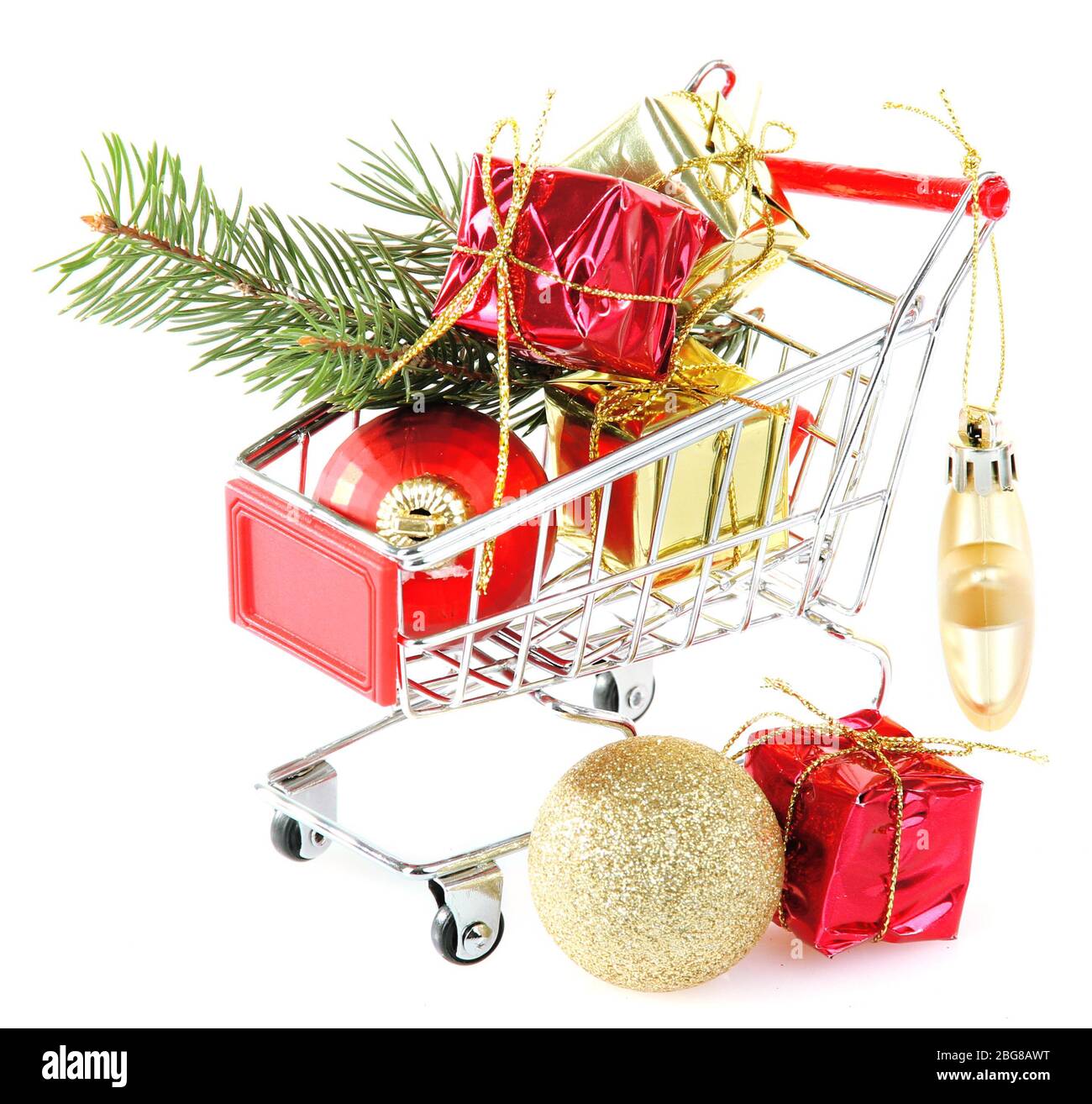 Christmas gifts in shopping trolley, isolated on white Stock Photo - Alamy