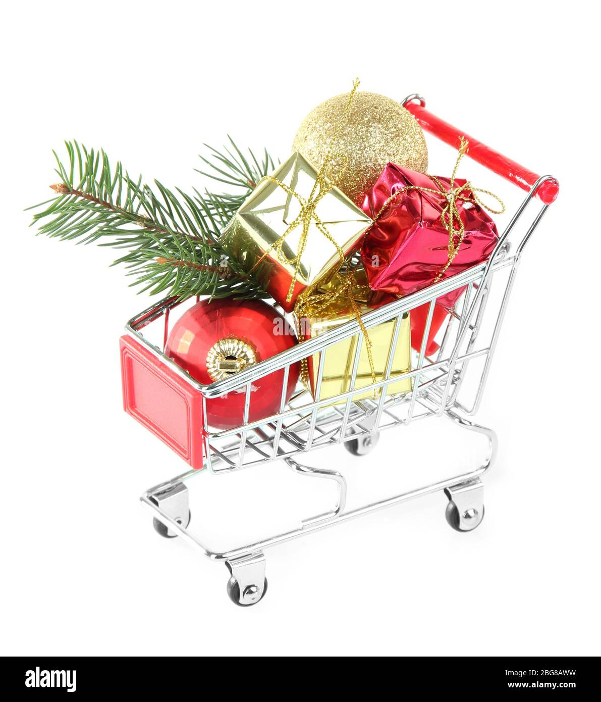 Christmas gifts in shopping trolley, isolated on white Stock Photo - Alamy