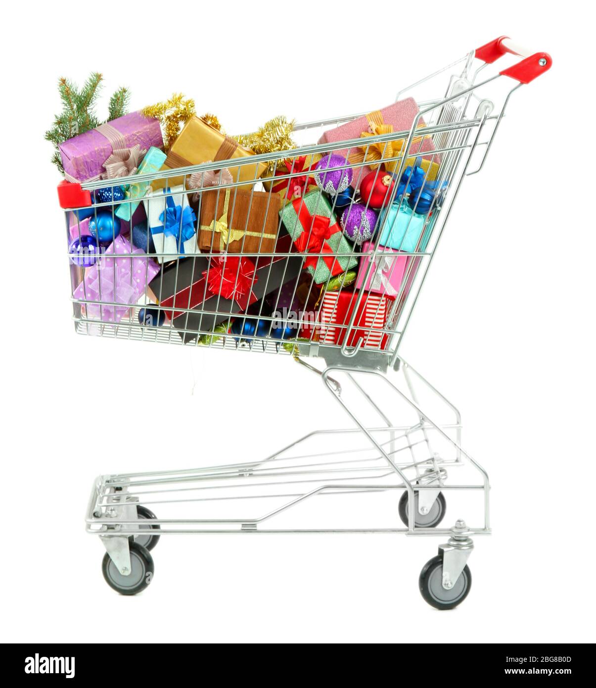 Christmas gifts in shopping trolley, isolated on white Stock Photo - Alamy