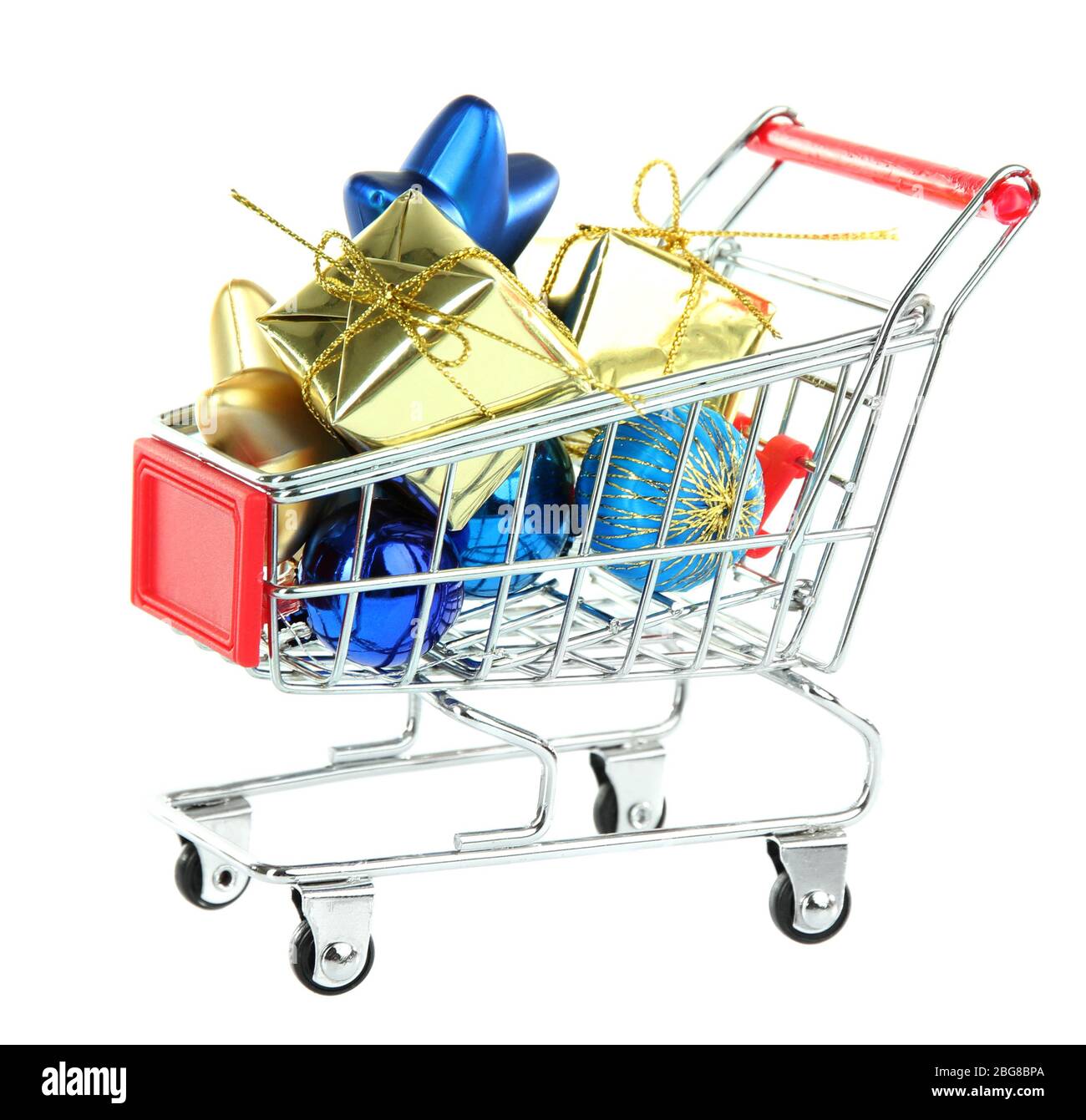 Christmas gifts in shopping trolley, isolated on white Stock Photo - Alamy