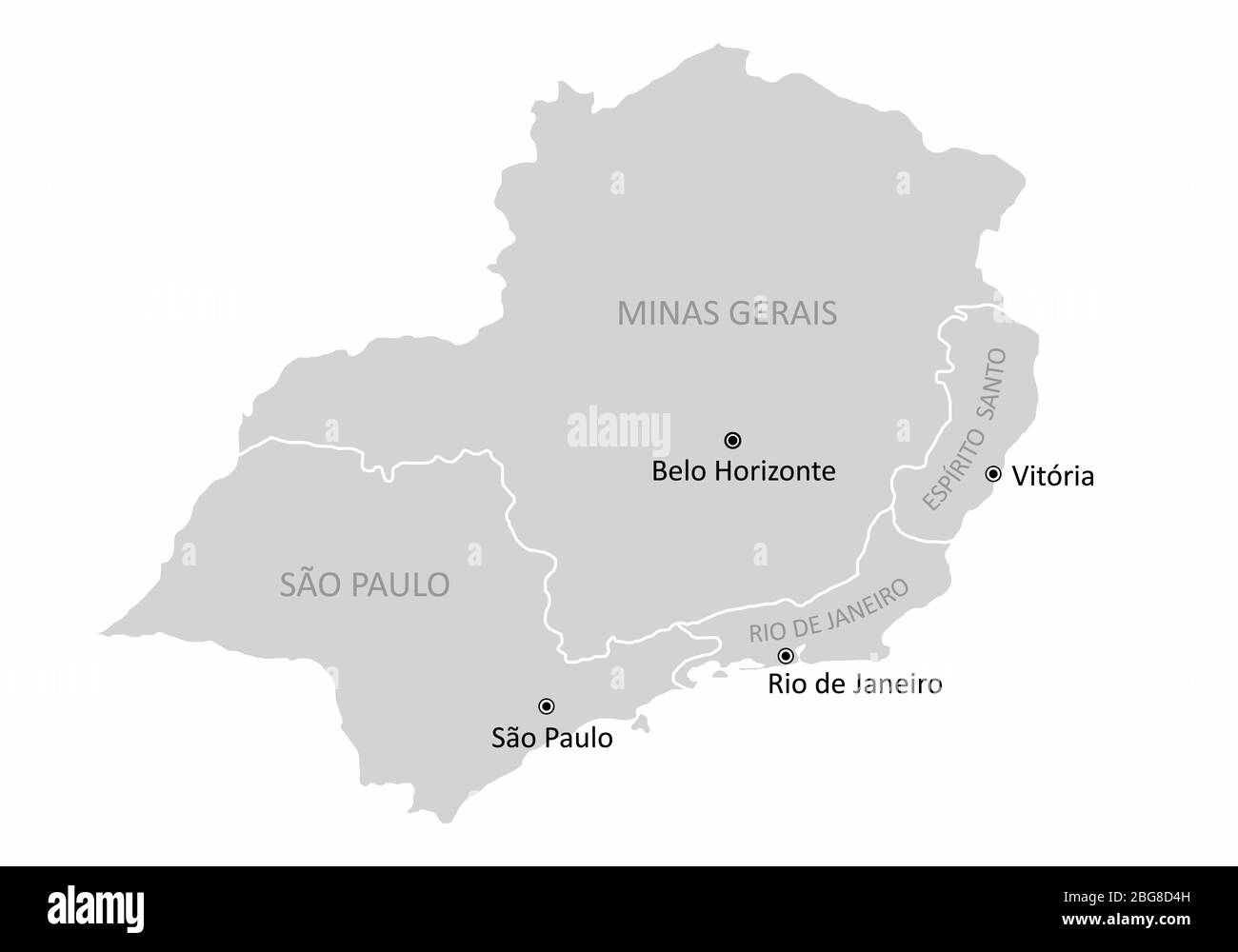 Map of the Brazil southeast region with the main cities isolated on ...
