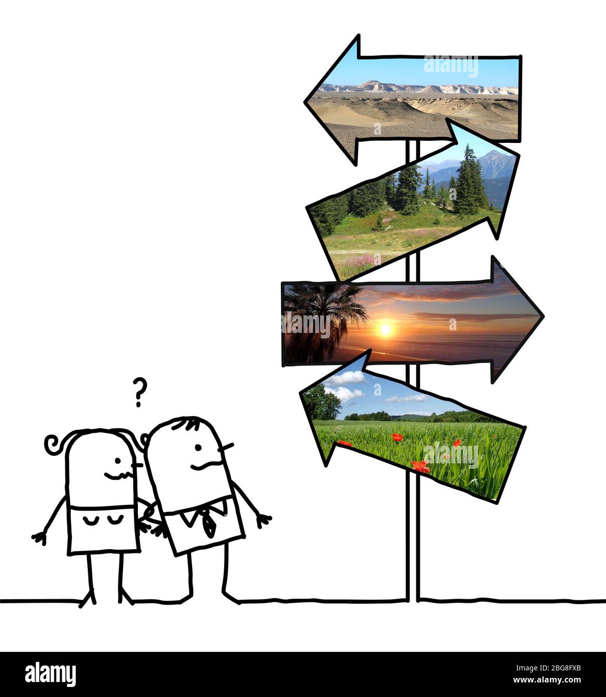 hand drawn Cartoon couple wondering what destination they will choose ...