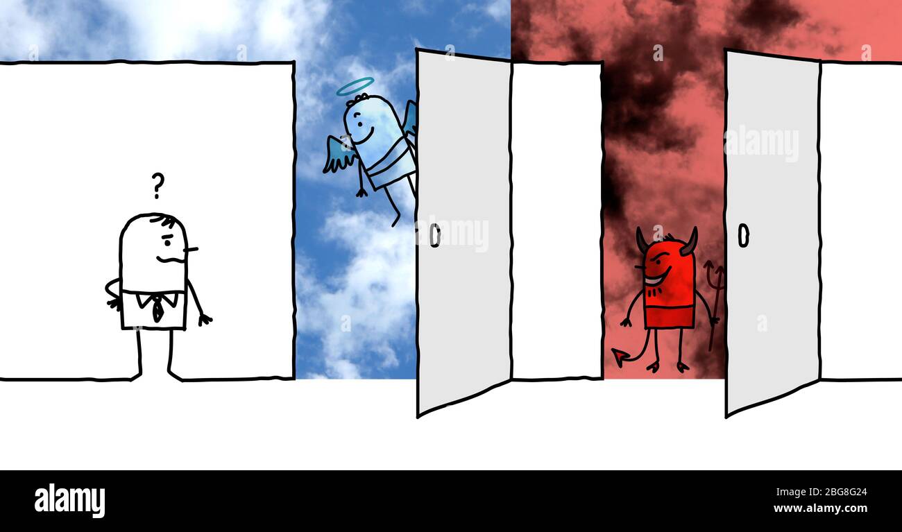 hand drawn Cartoon man front of two big opened doors : Heaven and Hell ...