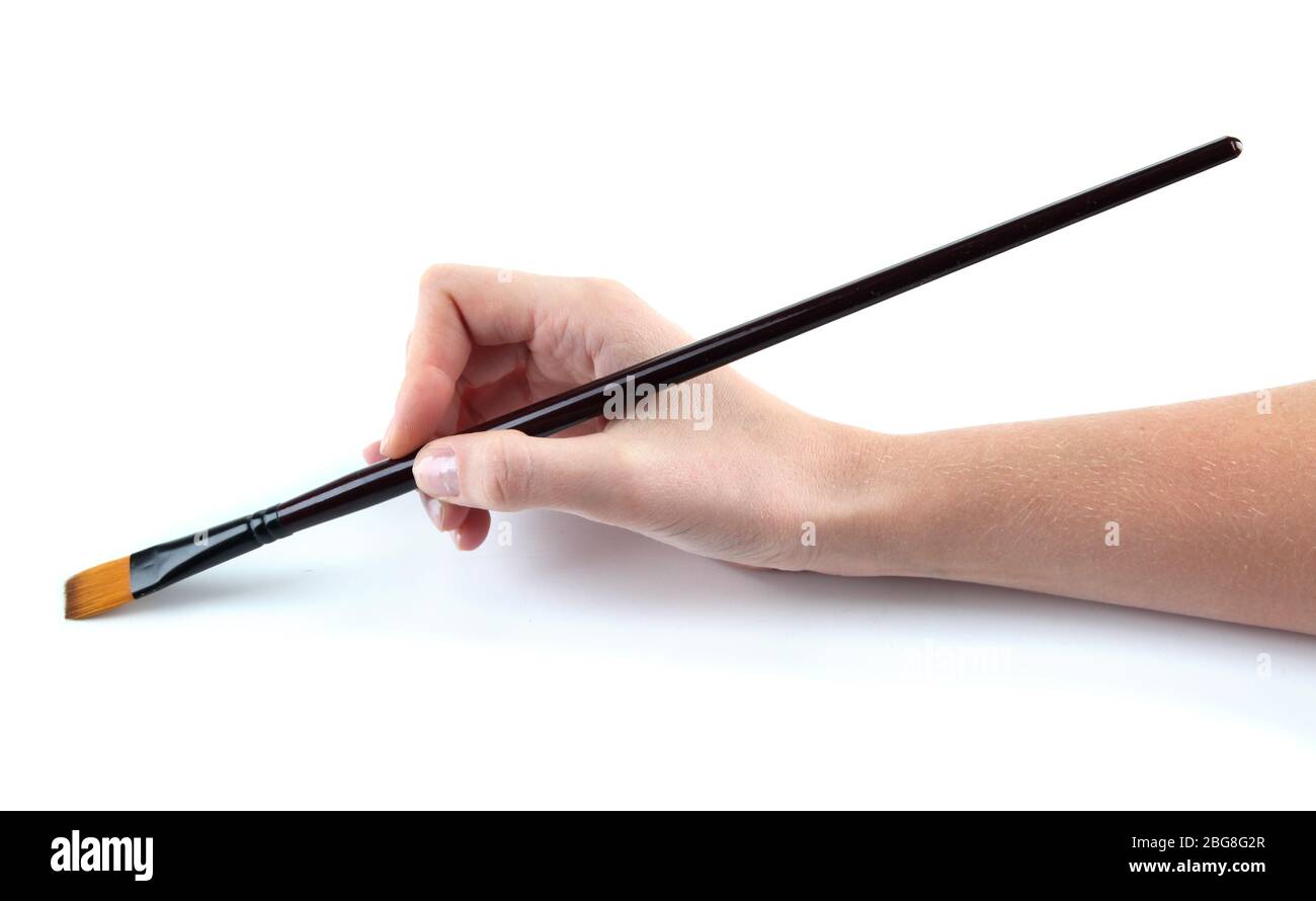 Paint brush in hand isolated on white Stock Photo - Alamy