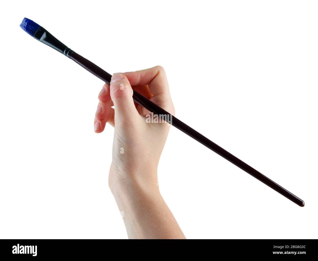 Hand holding brush with blue paint isolated on white Stock Photo - Alamy
