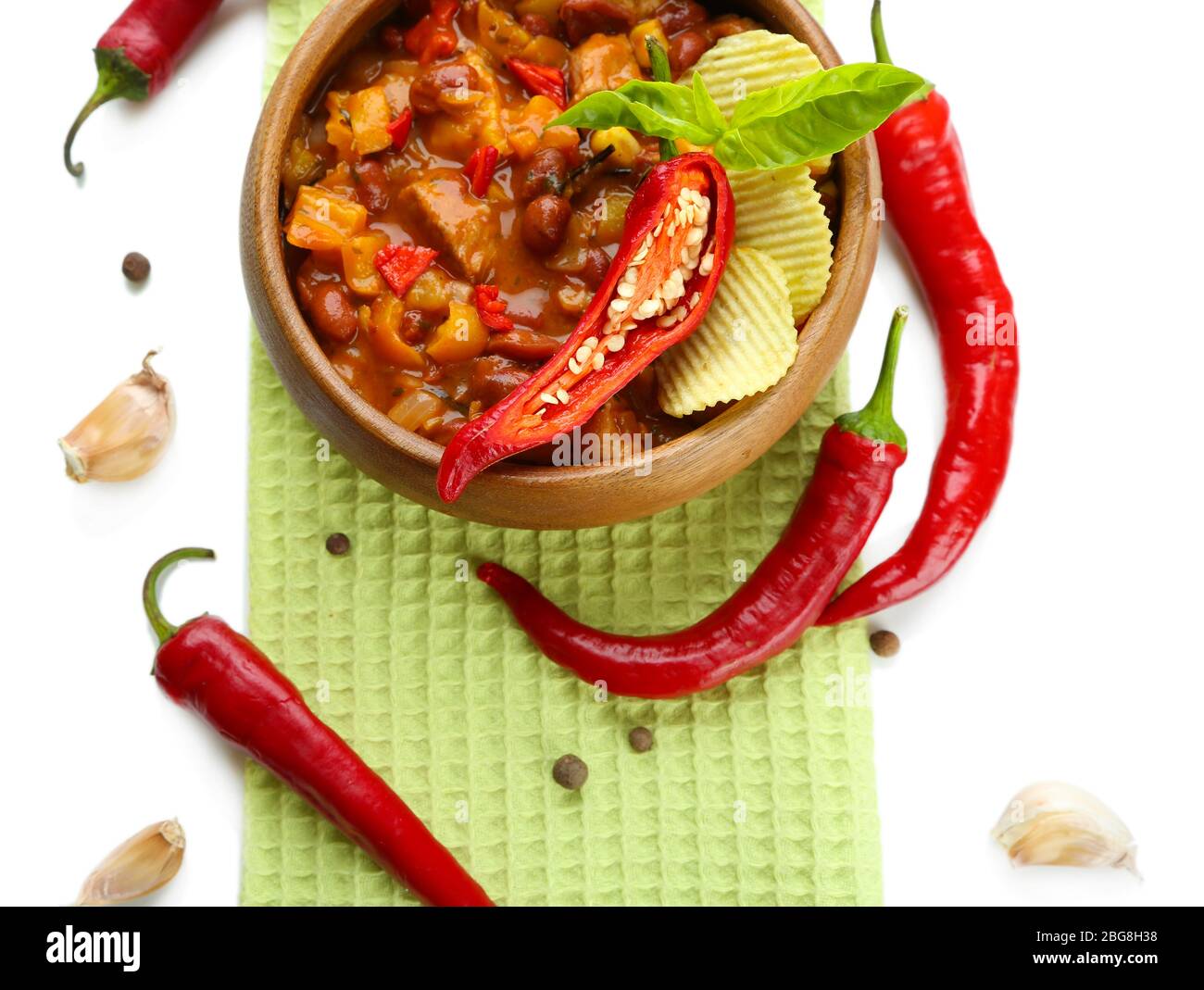 Chili Corn Carne - traditional mexican food, in wooden bowl, on napkin ...