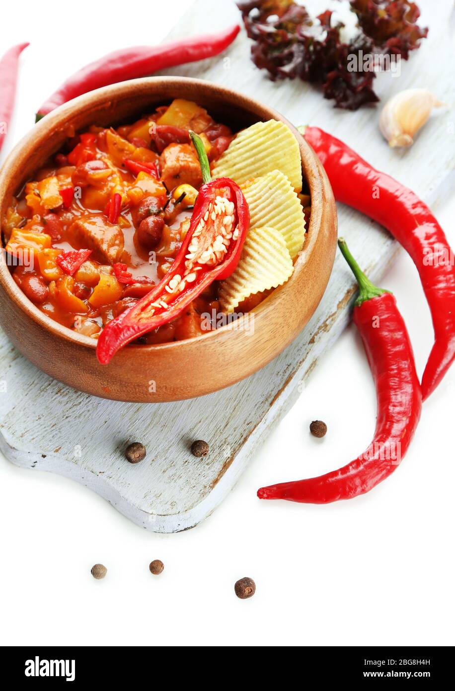 Chili Corn Carne - traditional mexican food, in wooden bowl, on napkin ...