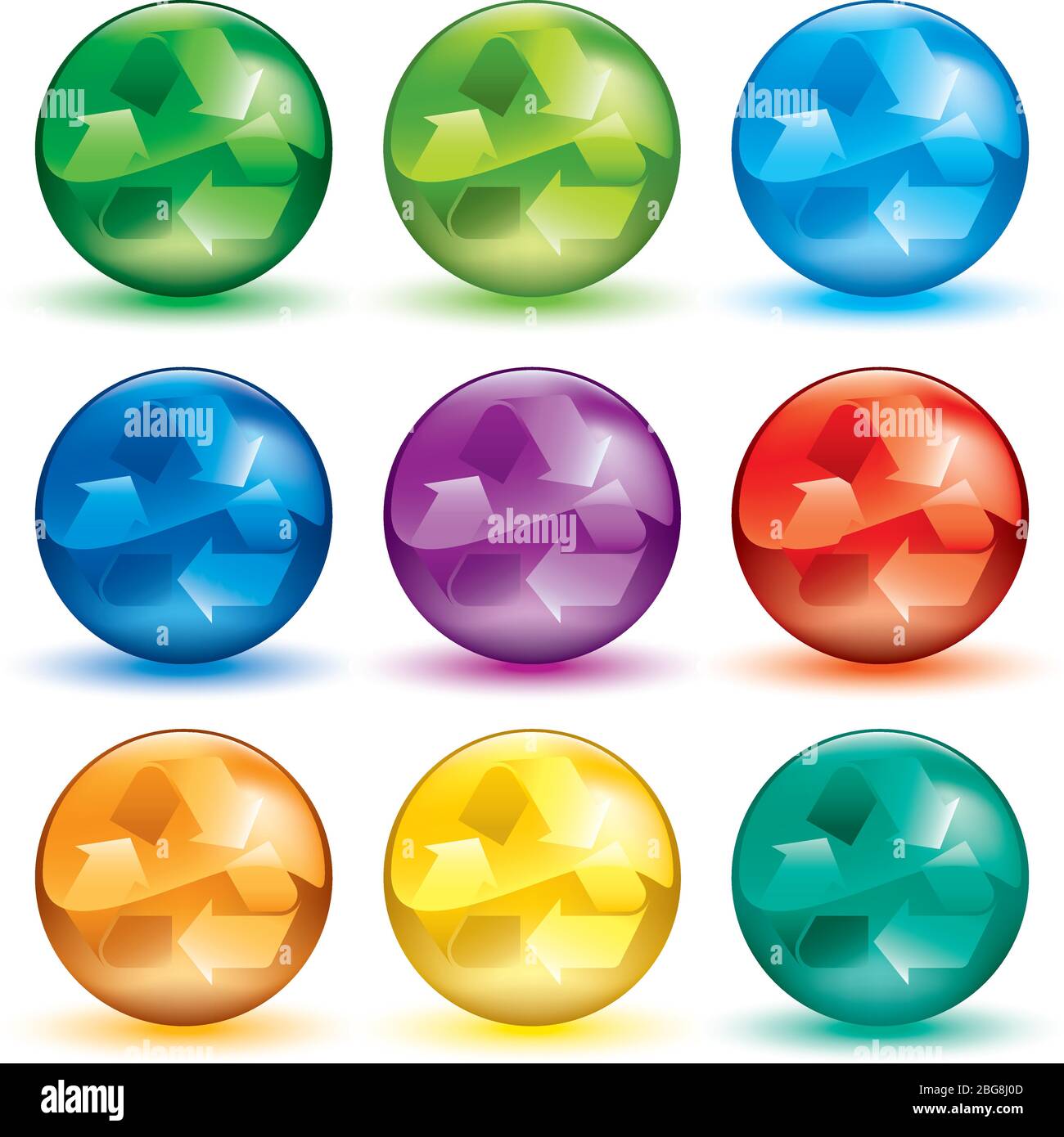 Vector illustration. Recycle symbol in the interior of nine color ...