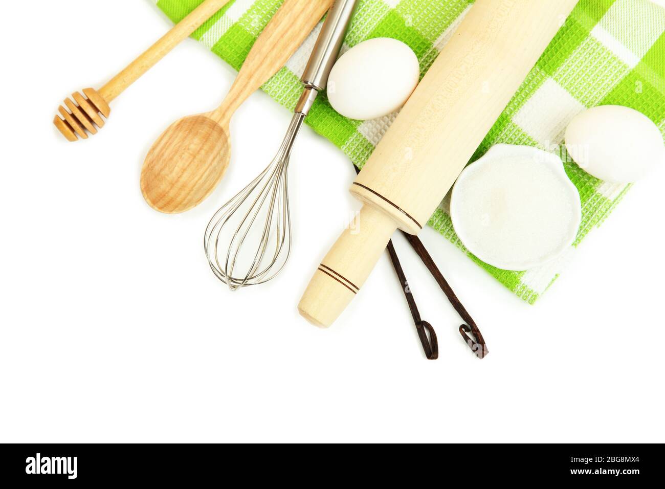 Cooking concept. Basic baking ingredients and kitchen tools isolated on ...