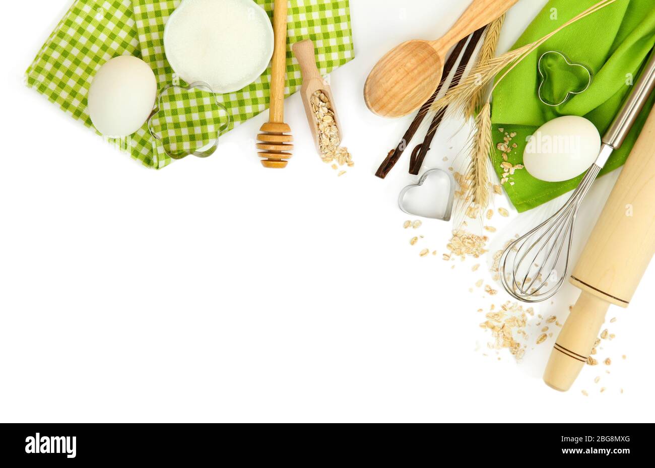 Cooking concept. Basic baking ingredients and kitchen tools isolated on ...