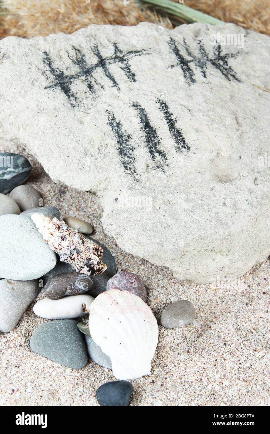 Counting days by drawing sticks on stone with stones and shells on sand ...