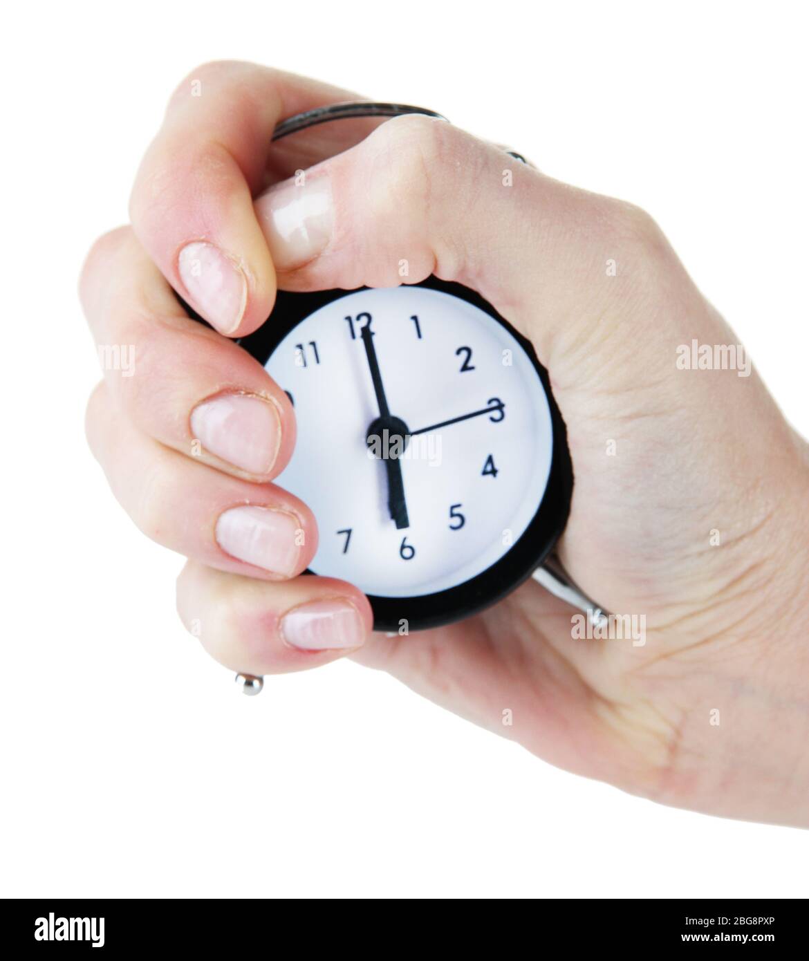 Alarm clock in hand isolated on white Stock Photo - Alamy
