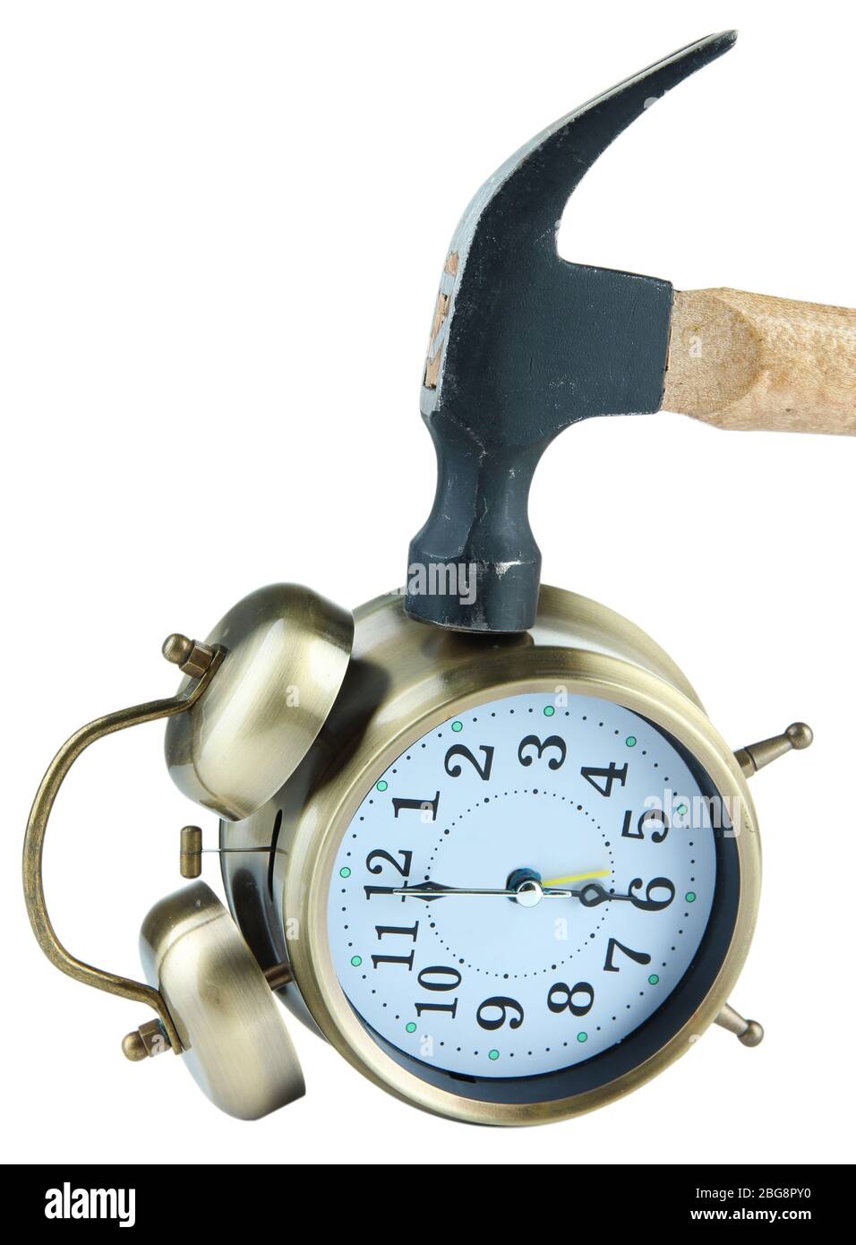 Hammer on alarm clock isolated on white Stock Photo - Alamy