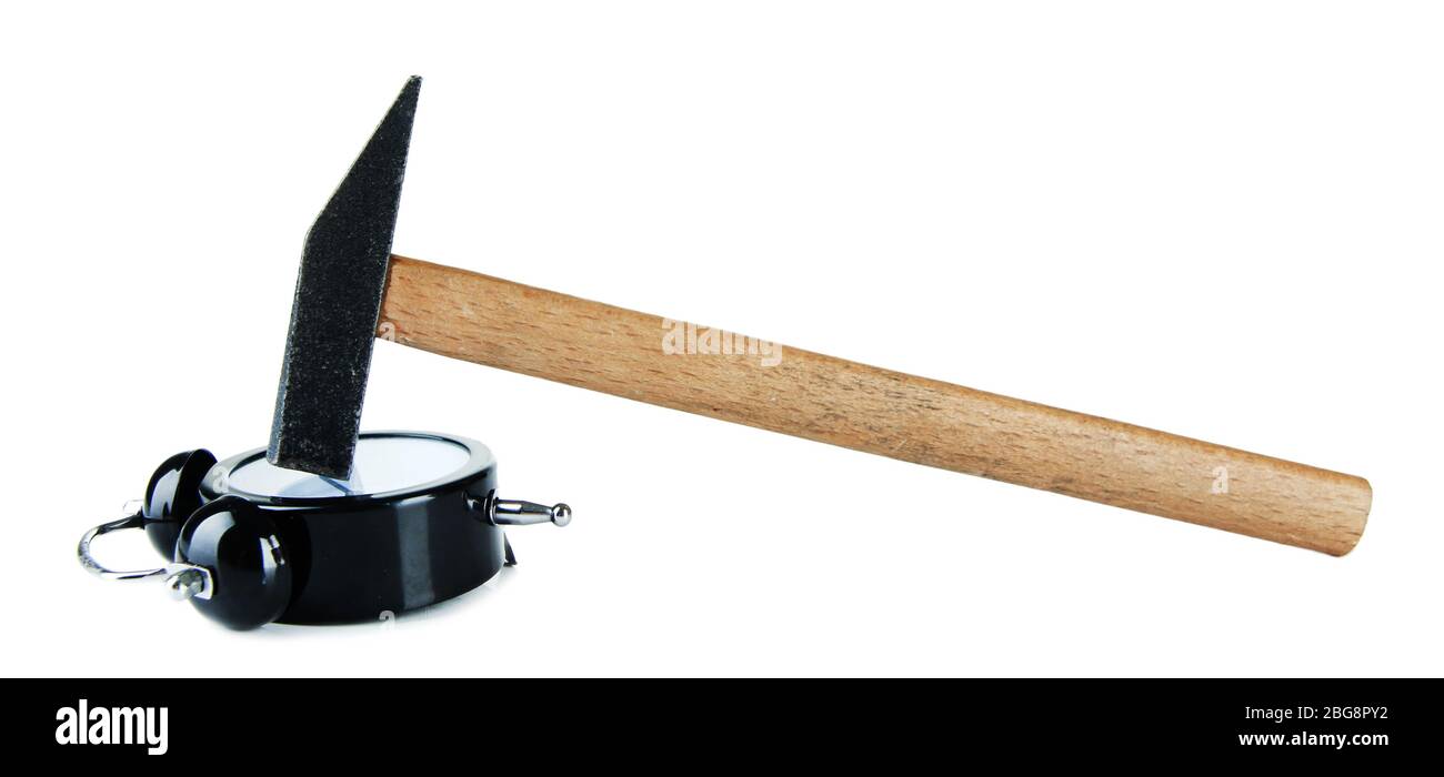 Hammer on alarm clock isolated on white Stock Photo - Alamy
