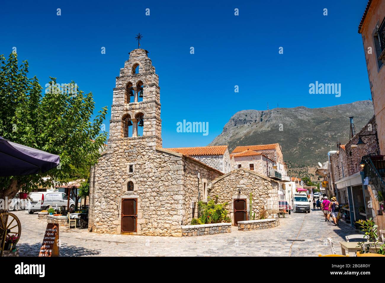 Summer view of Areopoli, a beautiful town with tower houses constructed ...