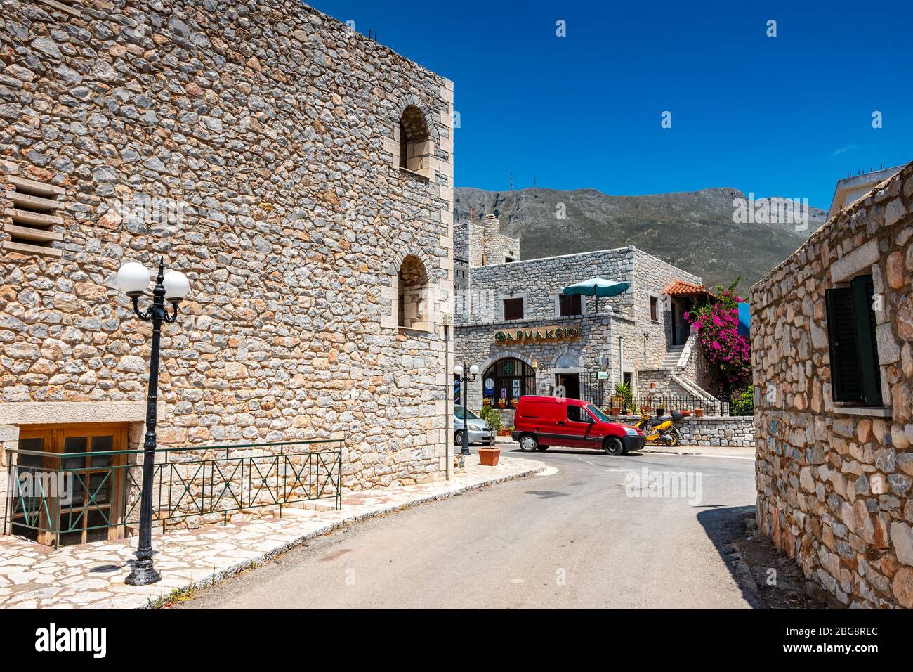 Summer view of Areopoli, a beautiful town with tower houses constructed ...