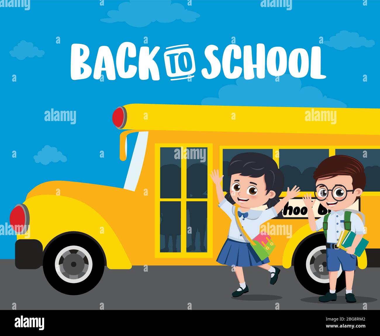 School bus and students vector design. Back to school text with ...