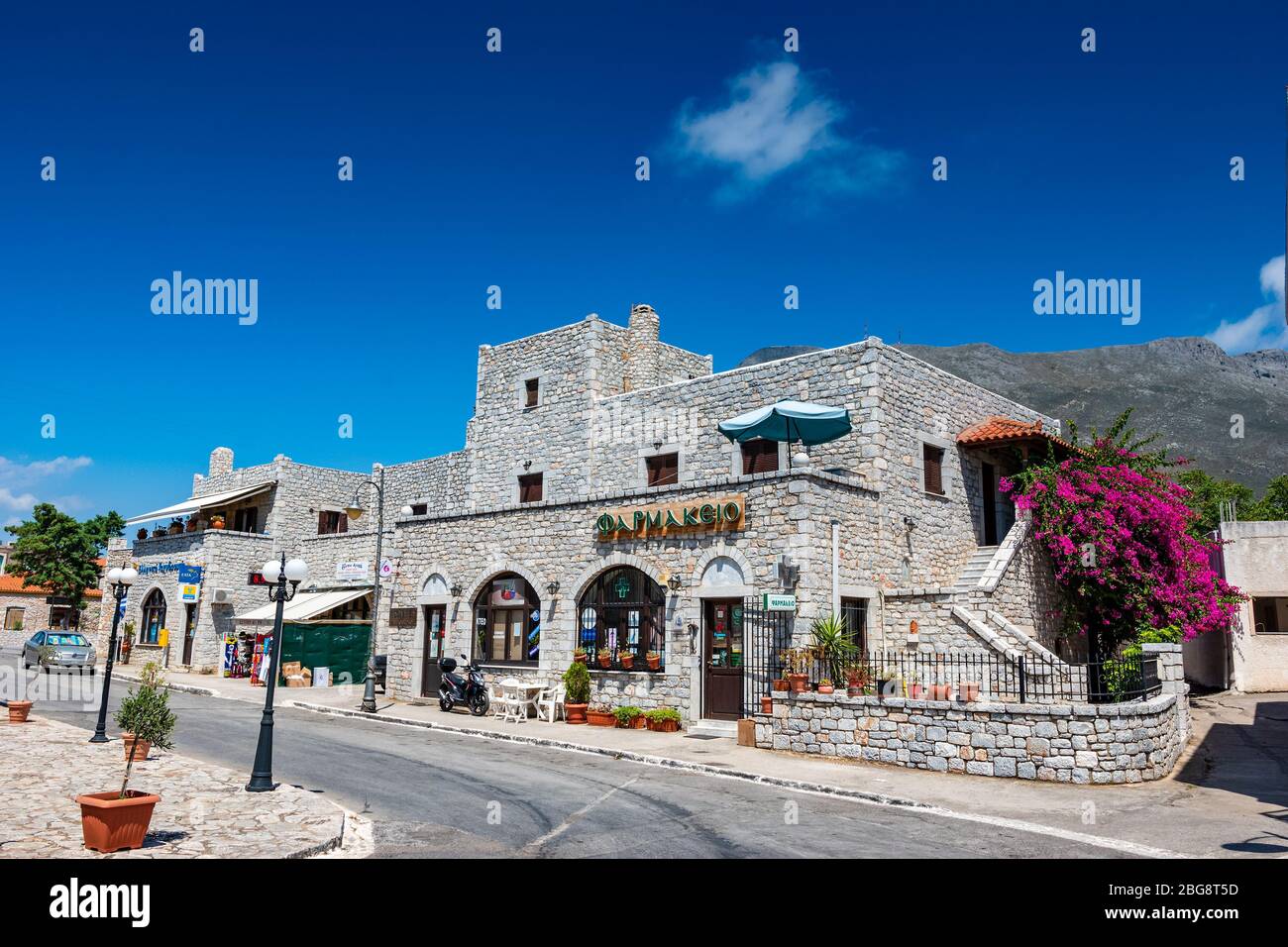 Summer view of Areopoli, a beautiful town with tower houses constructed ...