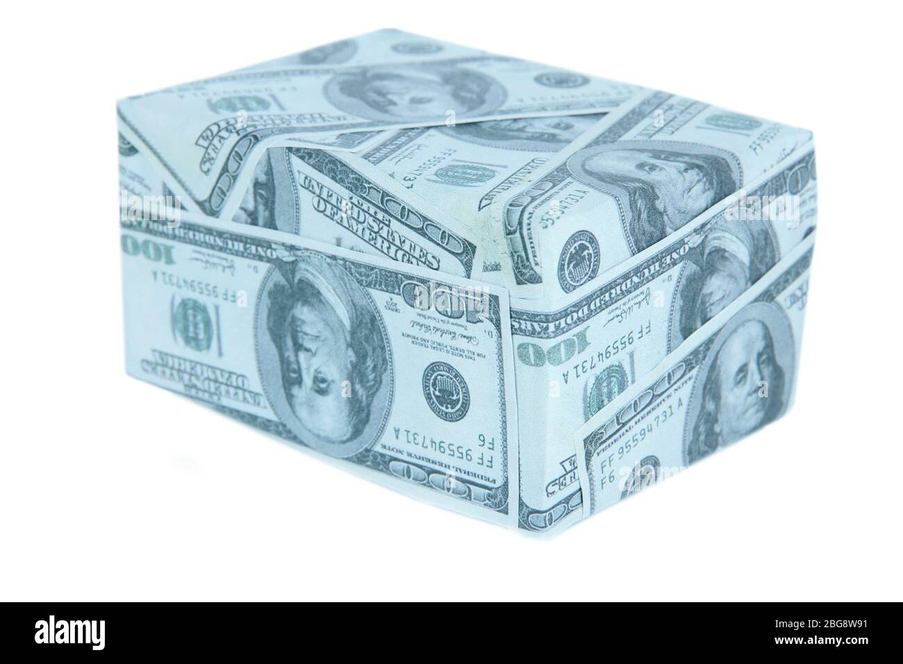 Gift box covered dollars isolated on white Stock Photo - Alamy