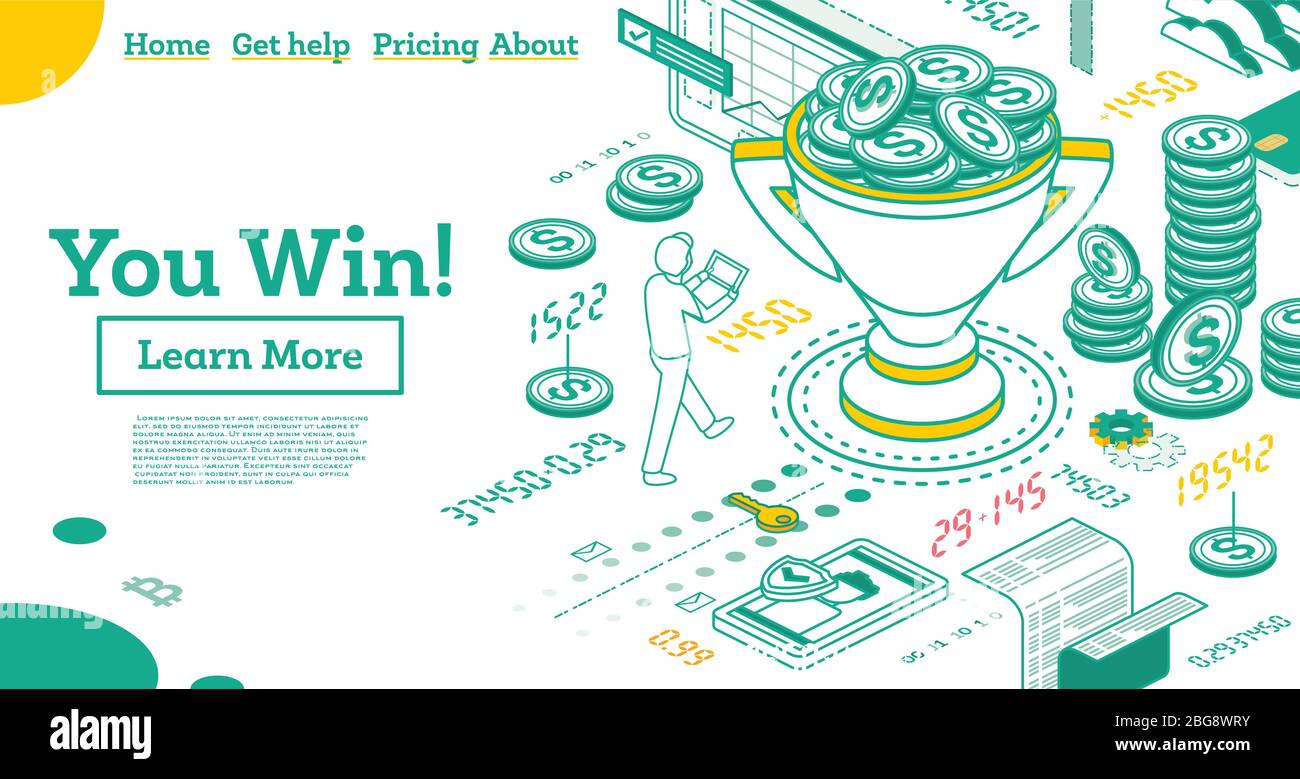 You Win! Trophy Cup with Dollar Coins Inside. Outline Isometric Concept ...