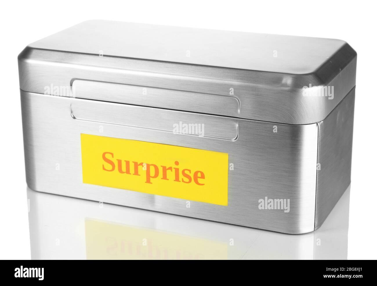 Silvery box with surprise isolated on white Stock Photo - Alamy