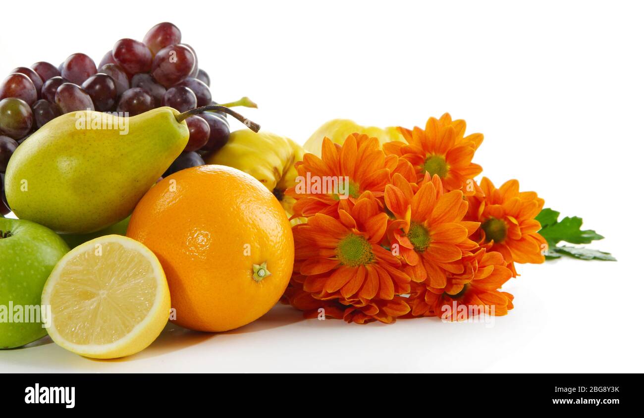 Composition of different fruits with flowers isolated on white Stock ...