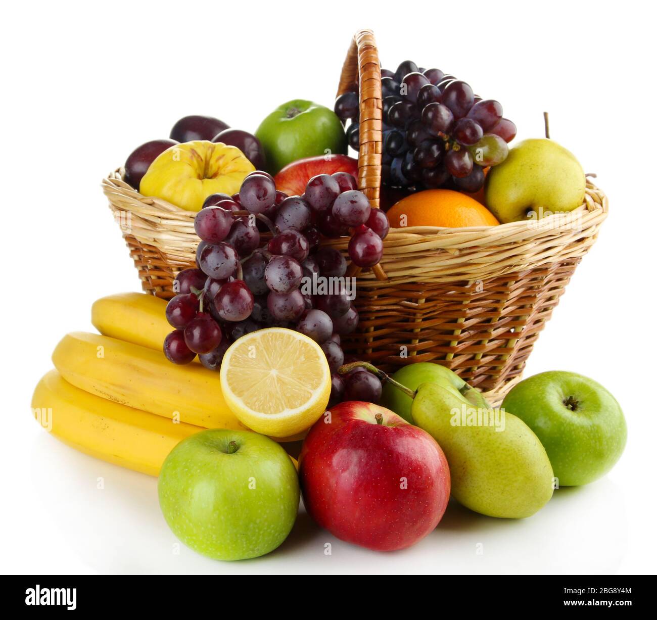 Composition of different fruits with basket isolated on white Stock ...