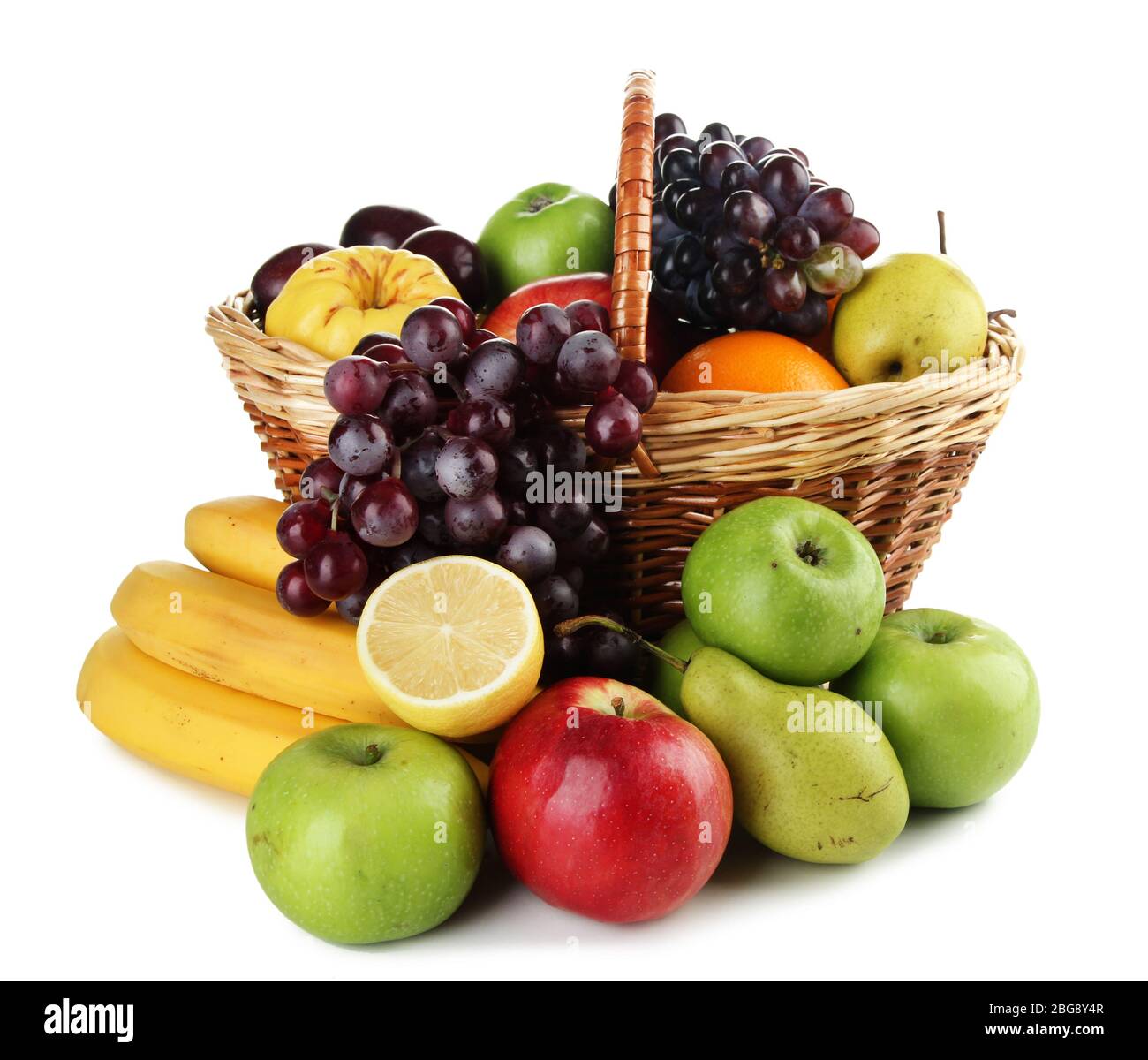 Composition of different fruits with basket isolated on white Stock ...
