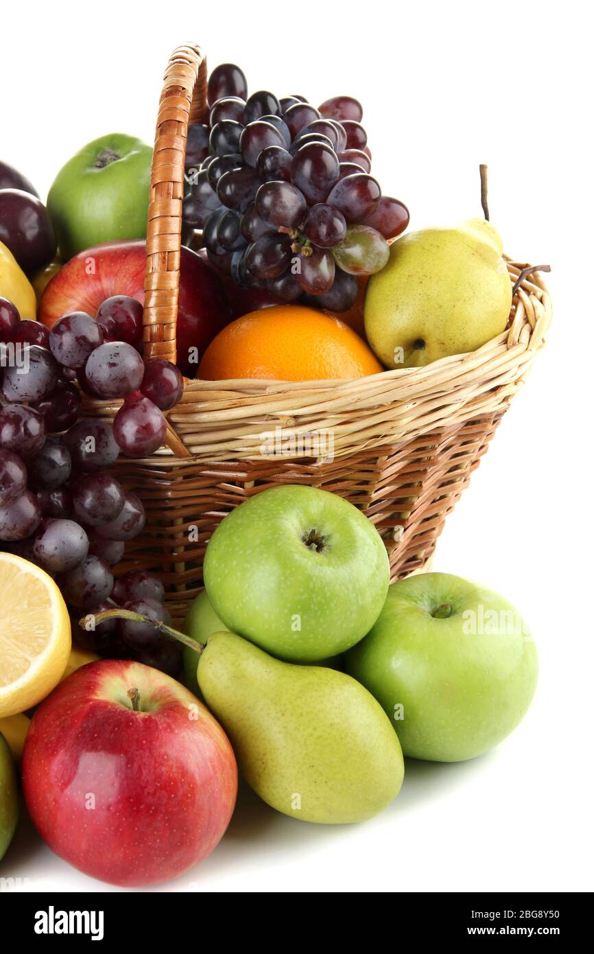 Composition of different fruits with basket isolated on white Stock ...