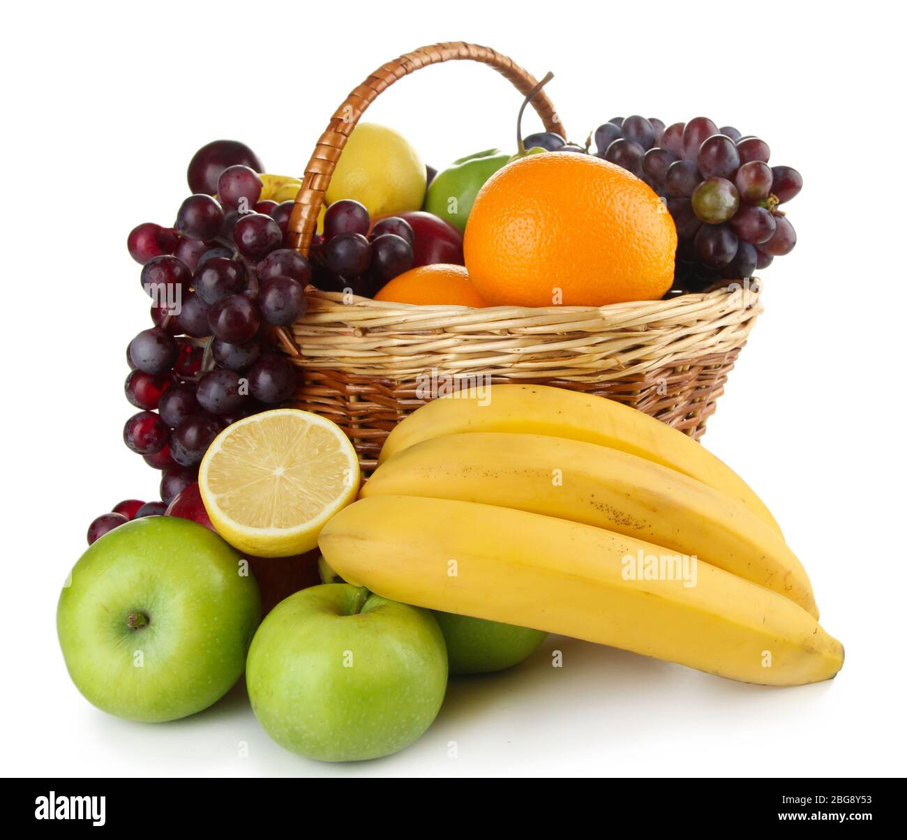 Composition of different fruits with basket isolated on white Stock ...