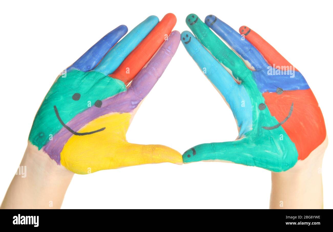 Painted hands with smile isolated on white Stock Photo - Alamy