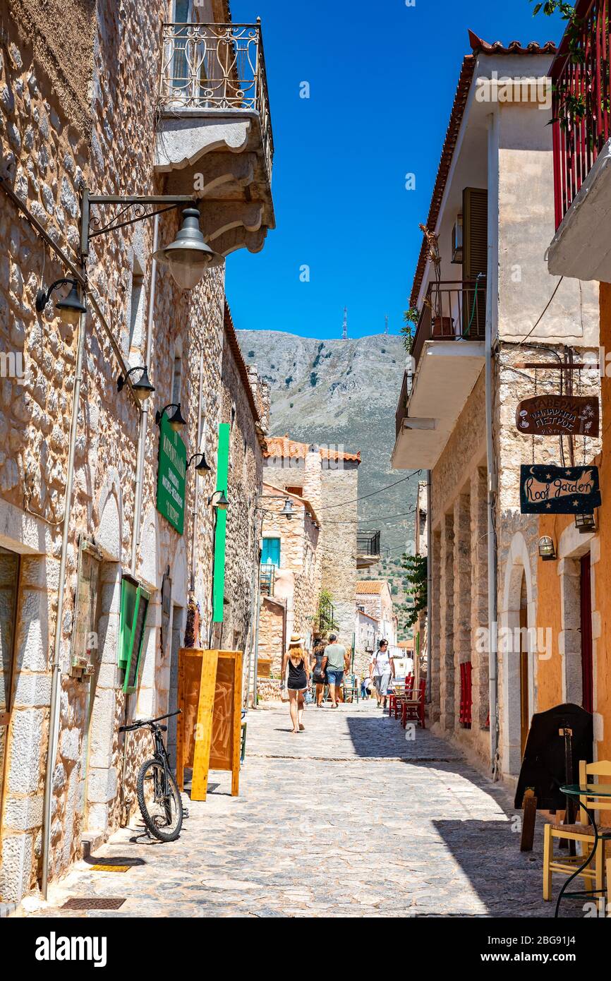 Summer view of Areopoli, a beautiful town with tower houses constructed ...