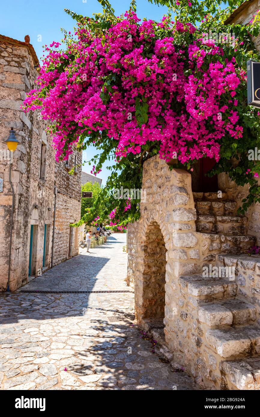 Summer view of Areopoli, a beautiful town with tower houses constructed ...