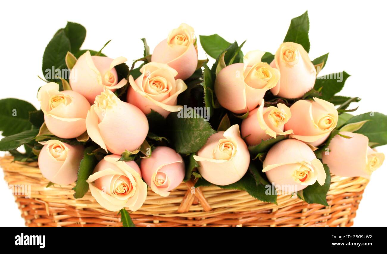 Beautiful bouquet of roses in basket, isolated on white Stock Photo - Alamy