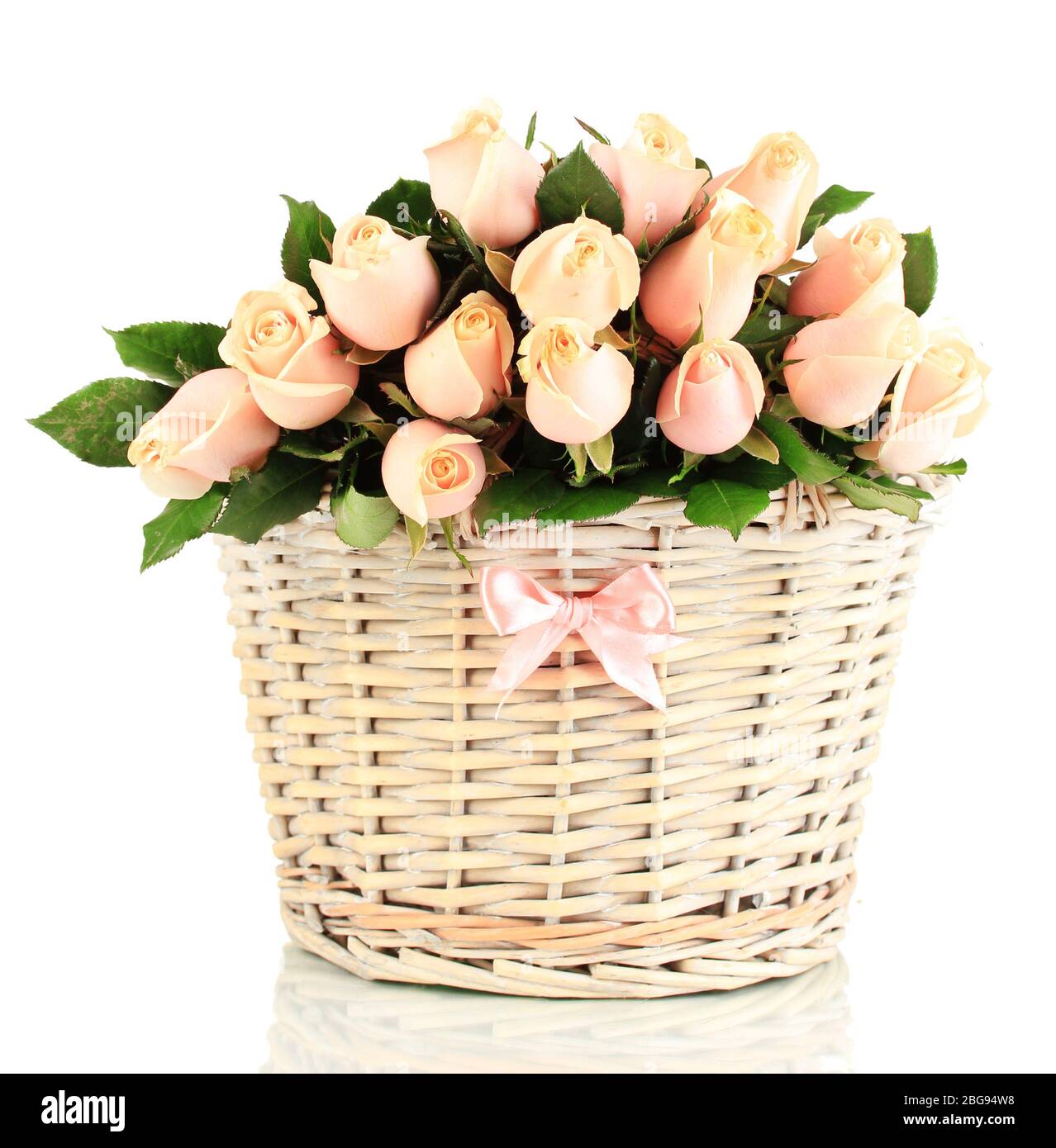 Beautiful bouquet of roses in basket, isolated on white Stock Photo - Alamy