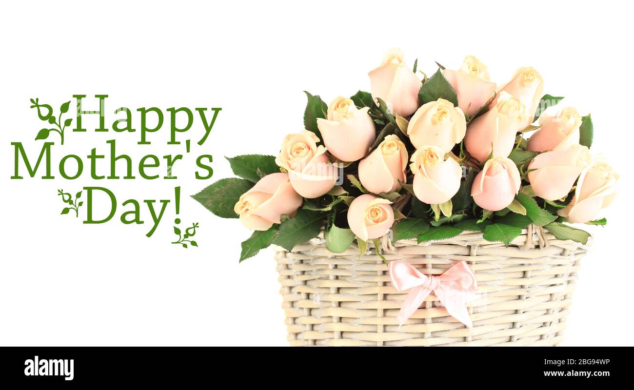 Beautiful bouquet of roses in basket, isolated on white Stock Photo - Alamy